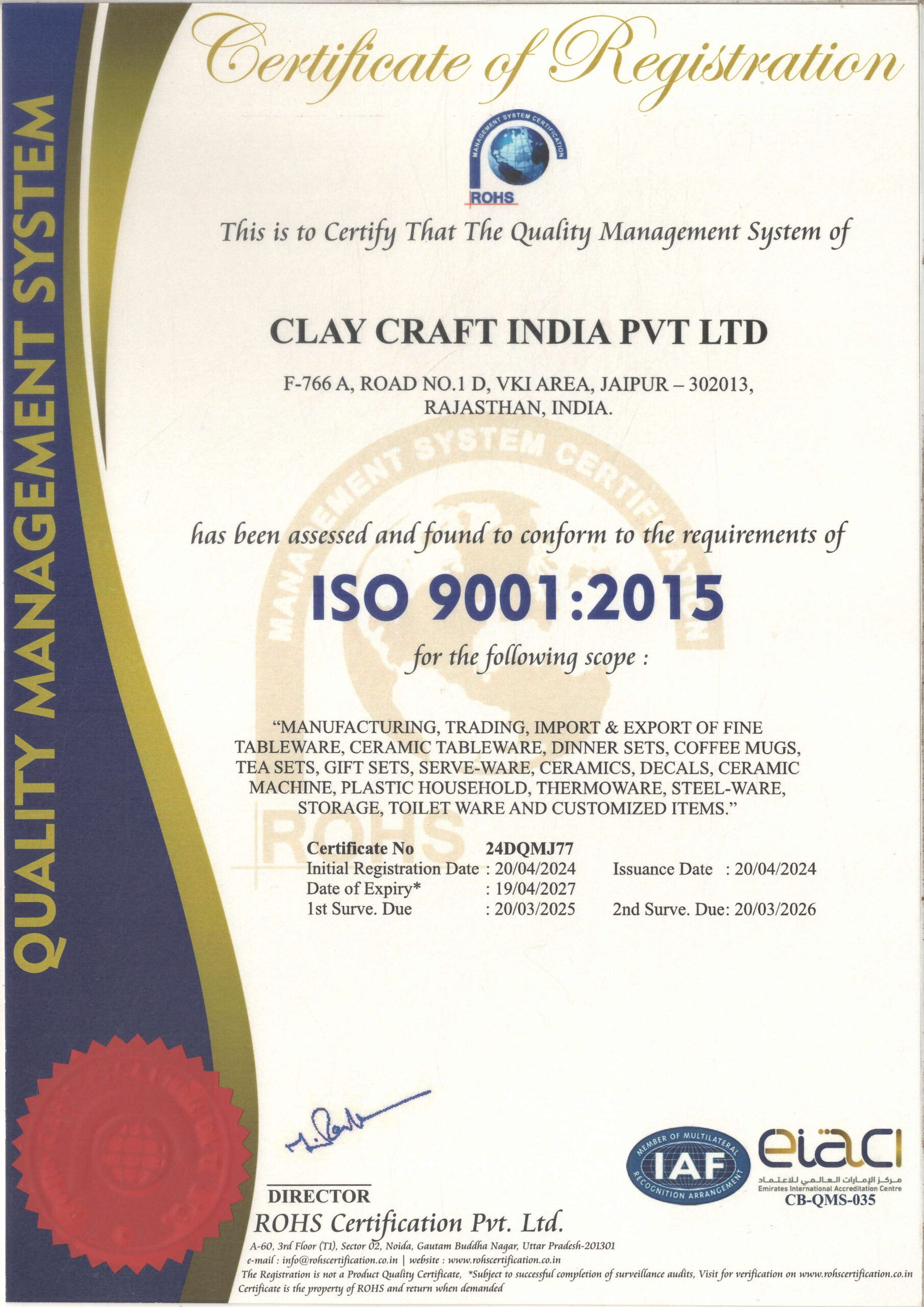 Quality Certifications – Corporate Clay Craft India